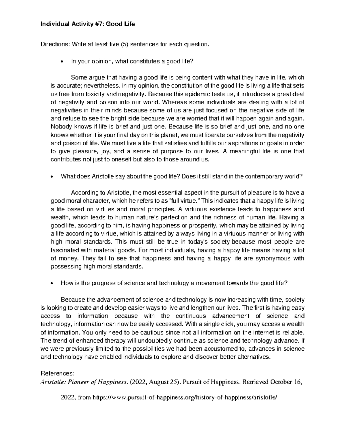 Individual Activity 7 Zales - Individual Activity #7: Good Life ...