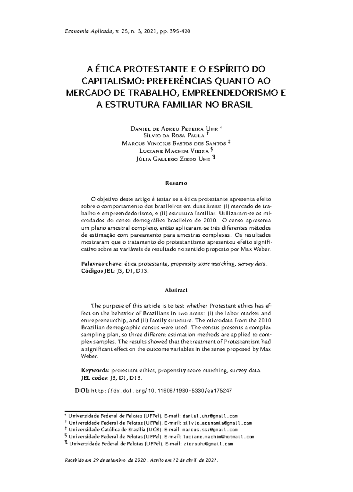 175247-Texto do artigo-512691-1-10-20210831 - Economia Aplicada, v. 25, n. 3, 2021, pp. 395-4 20 ...
