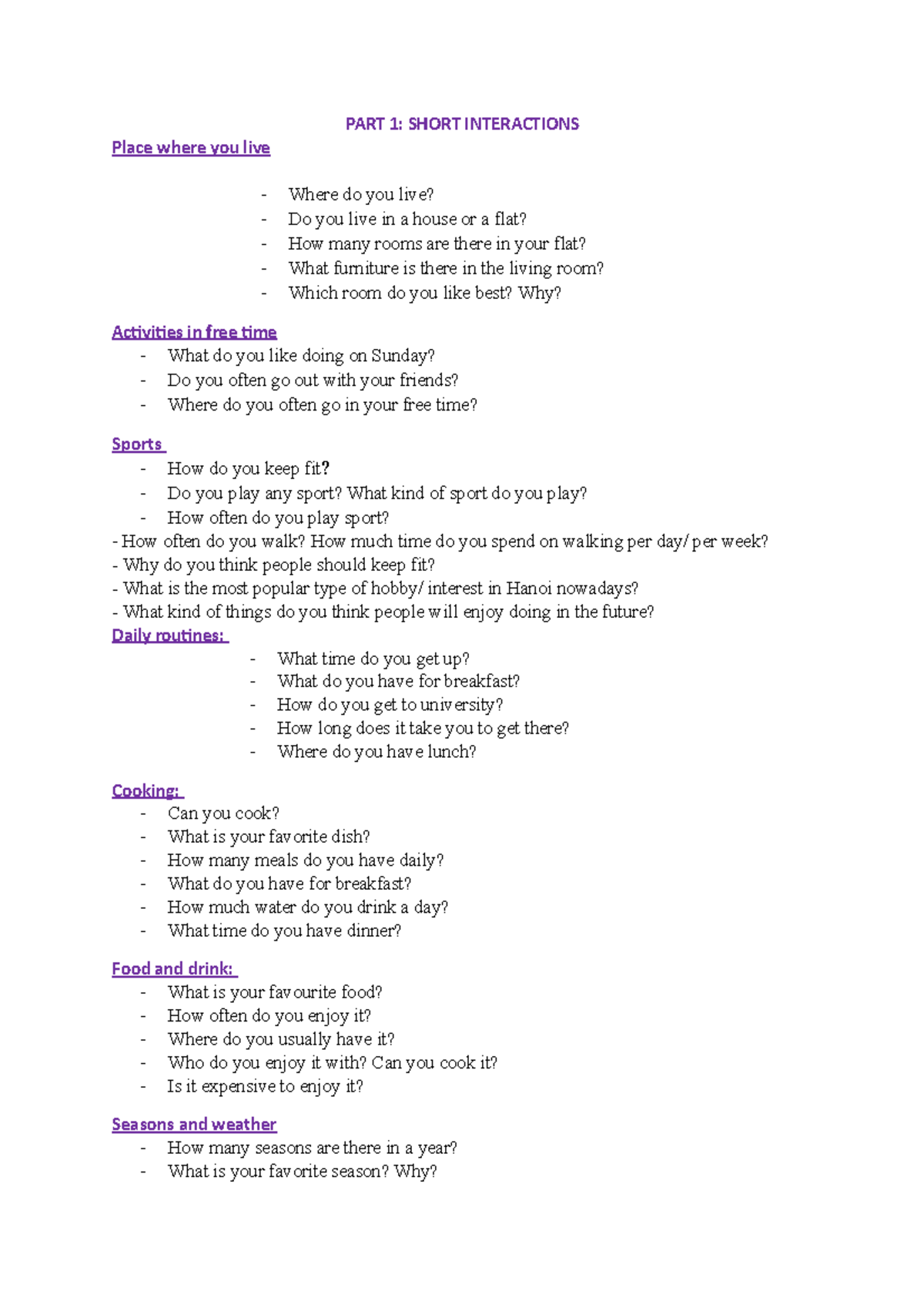 ED- course 1- suggested speaking- Final test - PART 1: SHORT ...