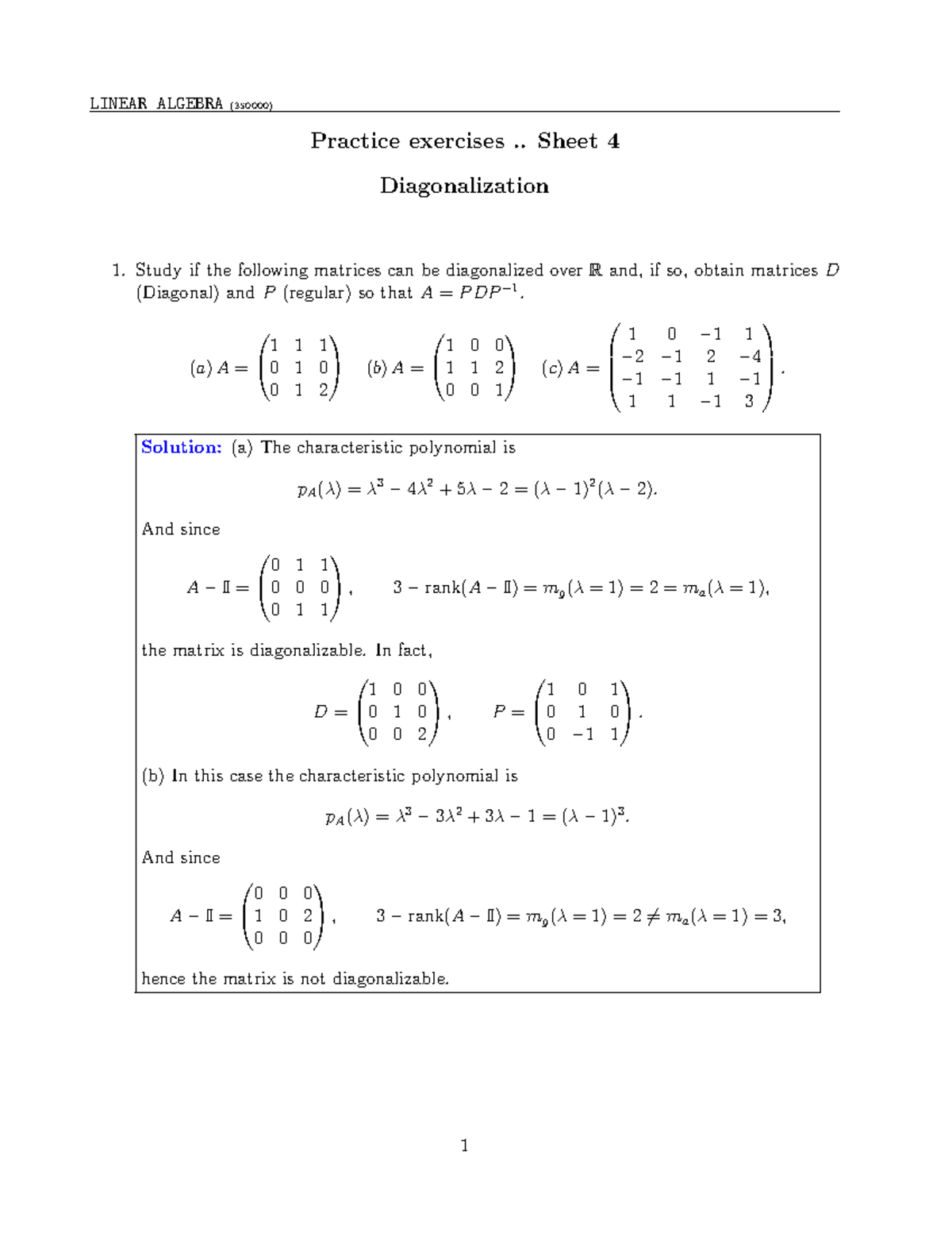 exercises from sheet 4 - LINEAR ALGEBRA(350000) Practice exercises .. Sheet 4 Diagonalization ...
