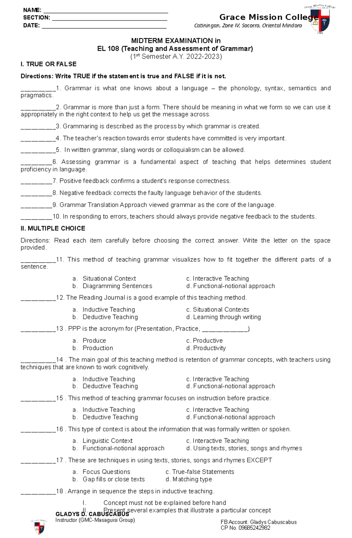 Midterm EXAM EL 108 - Grace Mission College Catiningan, Zone IV ...