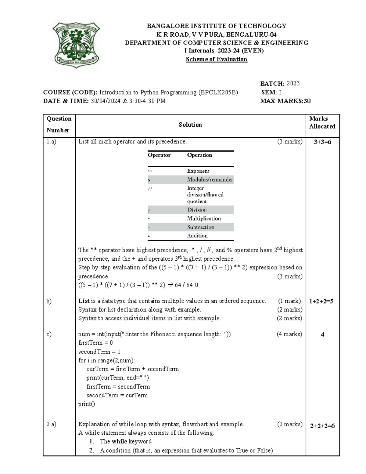 Python important questions - BANGALORE INSTITUTE OF TECHNOLOGY K R ROAD ...