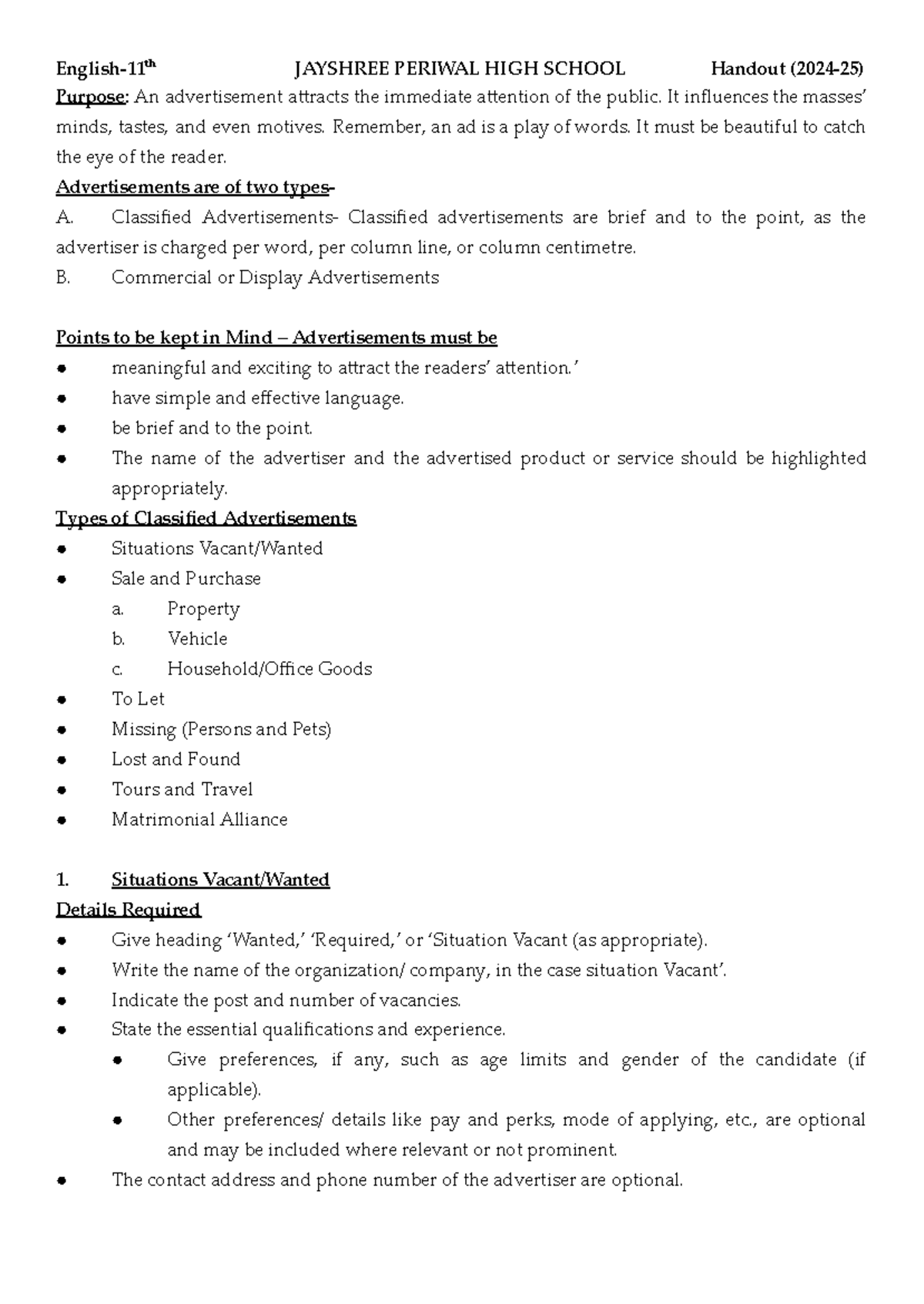 Advertisment - Efficient Notes. - English- th JAYSHREE PERIWAL HIGH ...