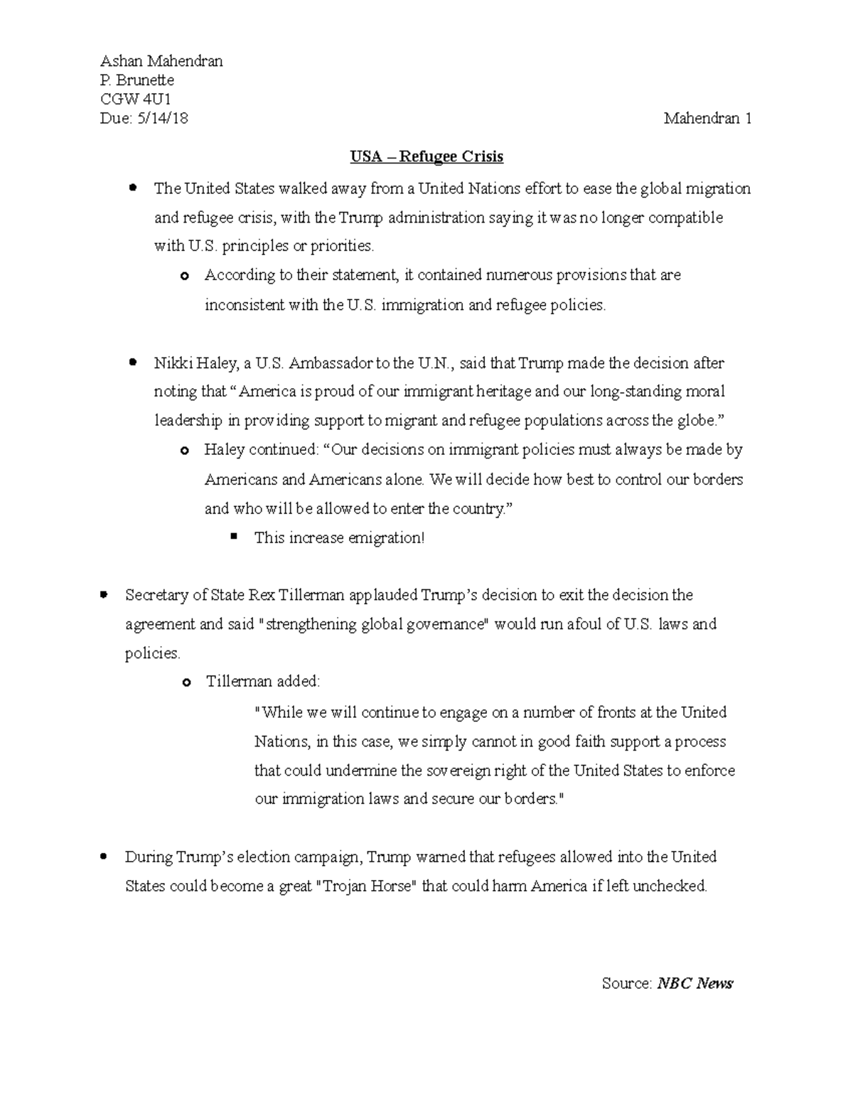 USA - Refugee Crisis - Notes for World Issues - Ashan Mahendran P ...