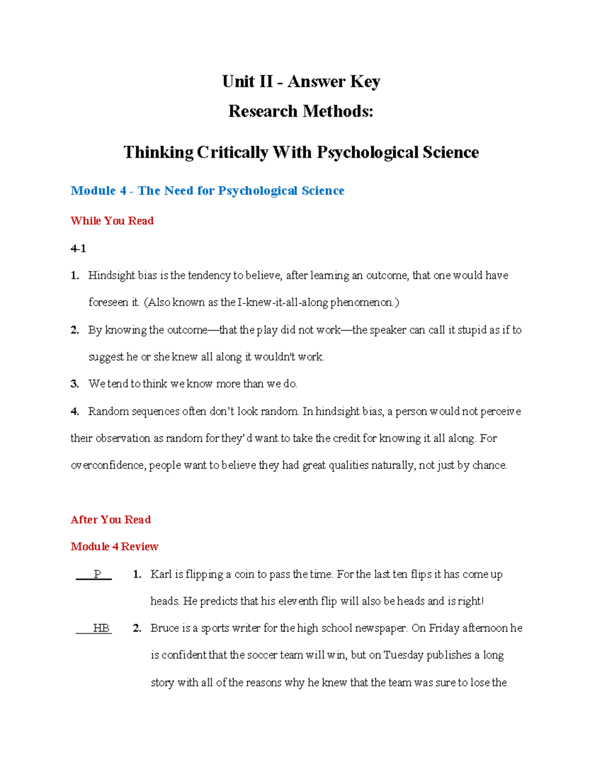 Unit 02 - experimental psy Answer Key - P HB 4- Unit II - Answer Key ...