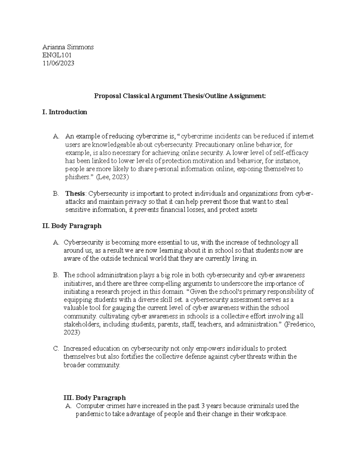 Classical argument thesis:ouline assignemnt - Arianna Simmons ENGL 11 ...