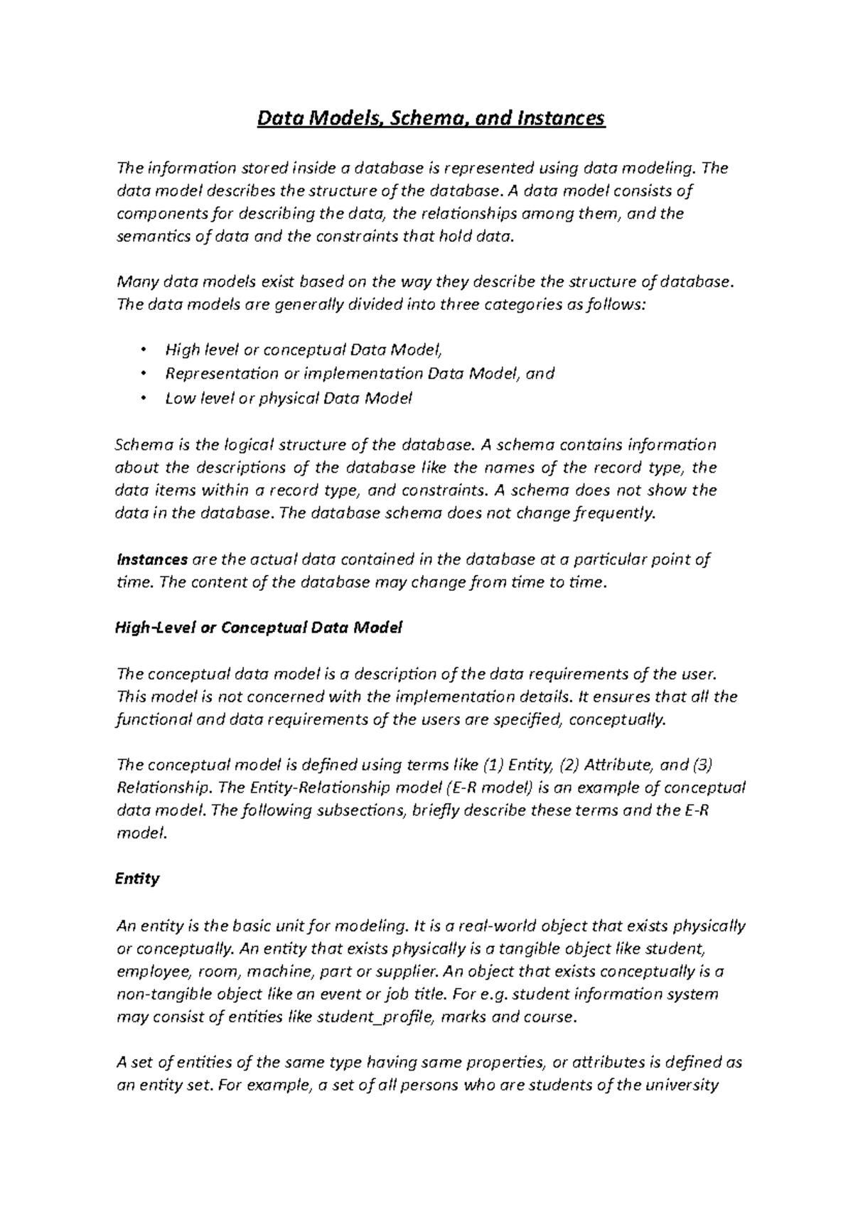 Data Models, Schema, and Instances - The data model describes the ...
