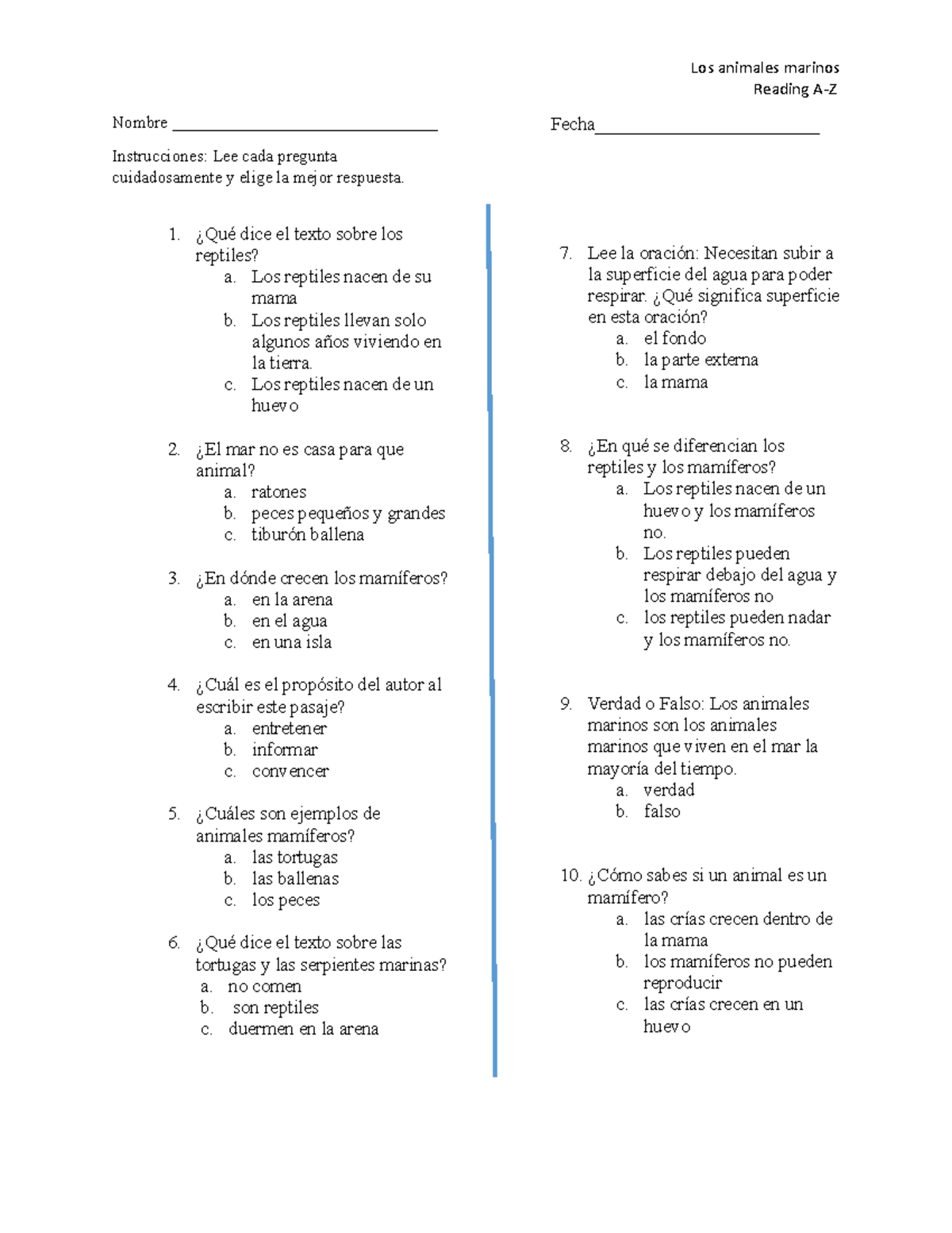 Assessment Los animales Marinos - Los animales marinos Reading A-Z ...