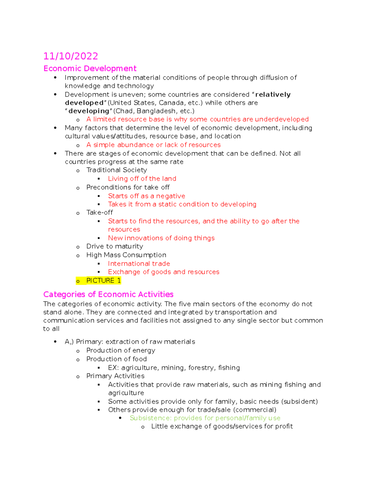 Geography Notes Unit 4 - 11/10/ Economic Development Improvement of the ...