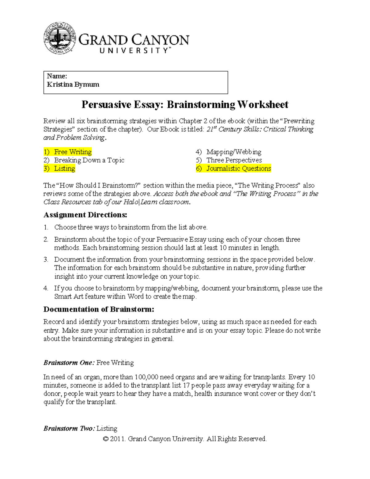 Brainstorming worksheet persuasive essay - Name: Kristina Bymum ...