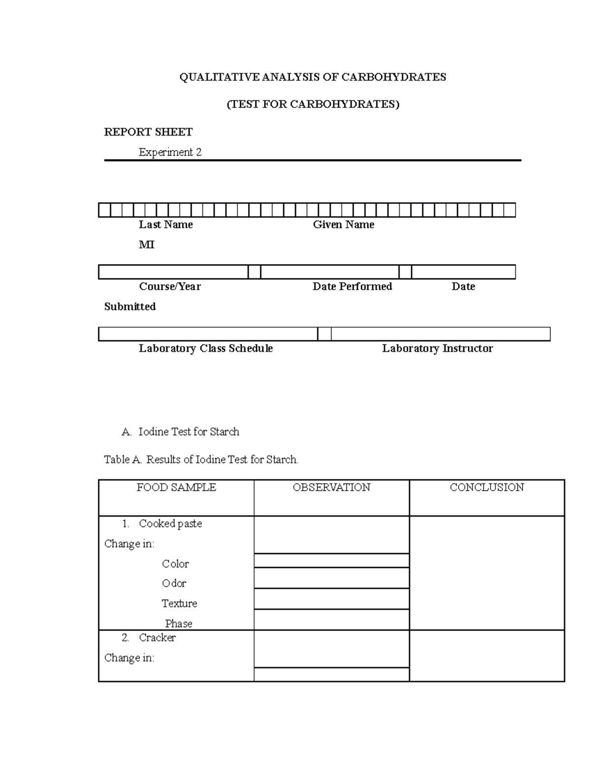 BIOCHEM: Qualitative Analysis OF Carbohydrate - TEST FOR Carbs ...