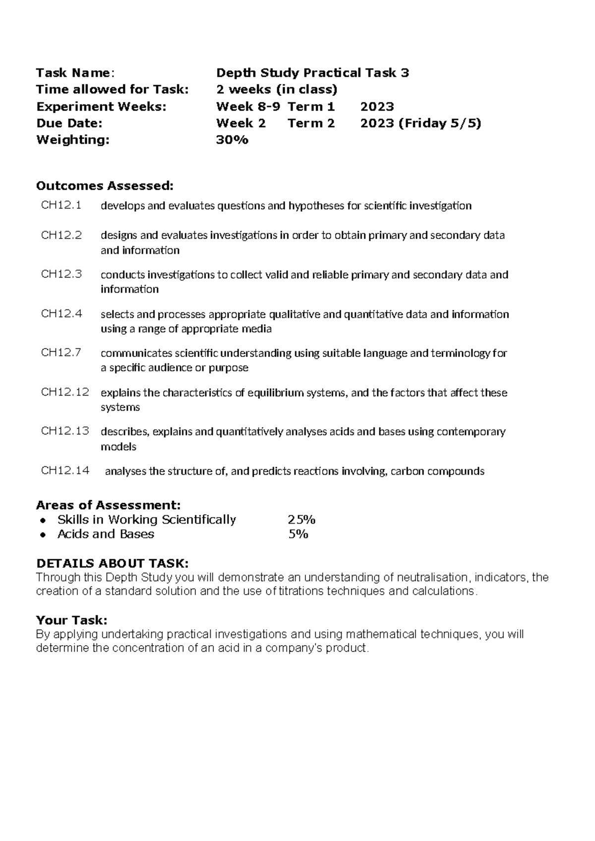 2023 Year 12 Chemistry Task 3 Depth Study - Task Name: Depth Study Practical Task 3 Time allowed ...