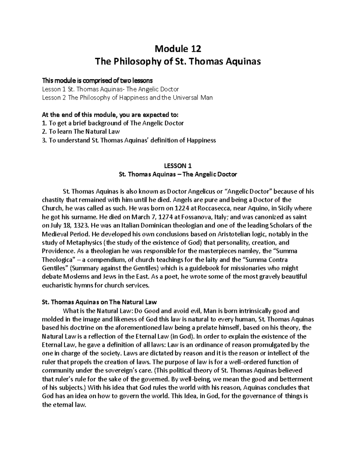 Module 12 - Module 12 The Philosophy of St. Thomas Aquinas This module ...