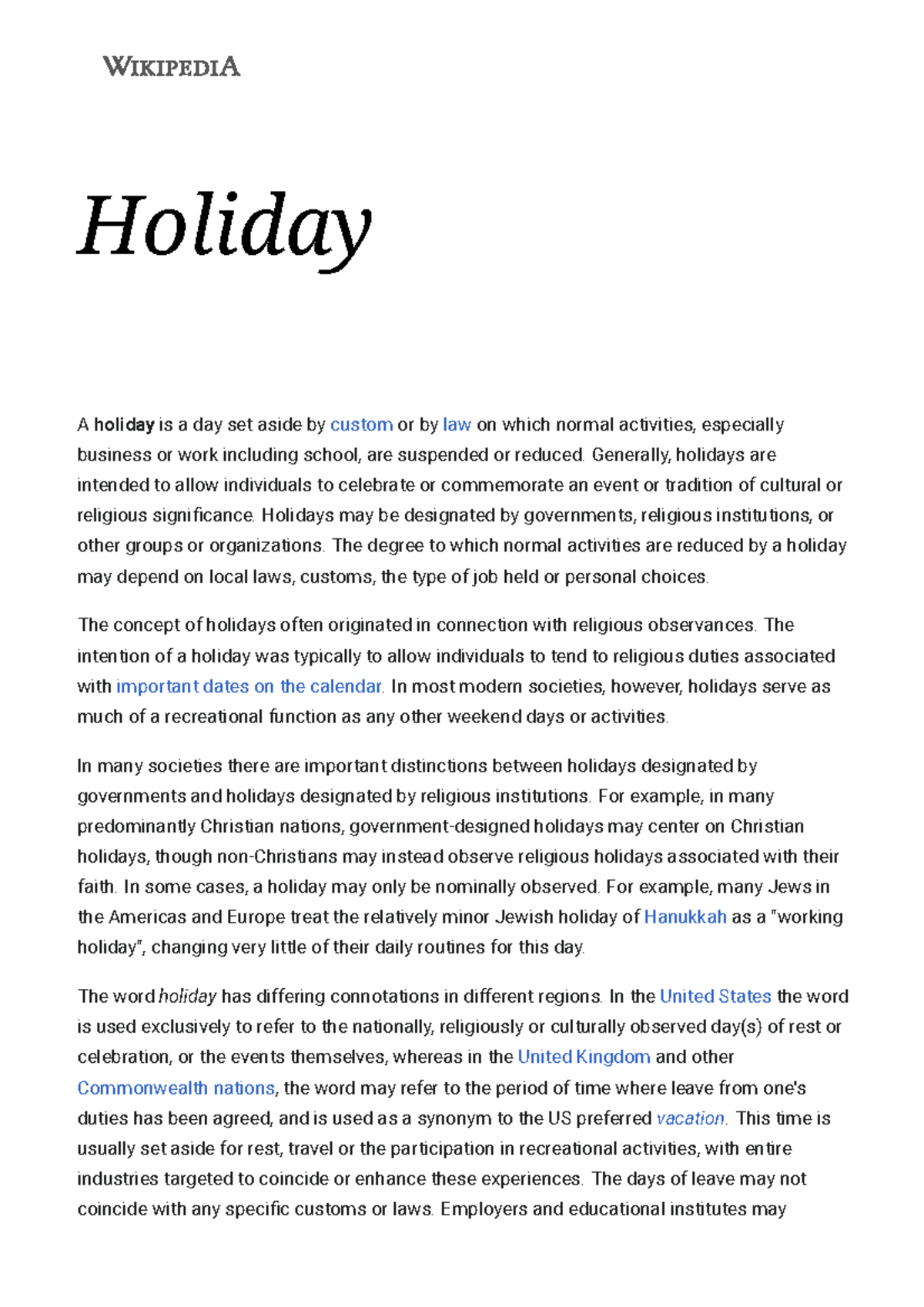 Holiday - Wikipedia - High - Holiday A holiday is a day set aside by ...
