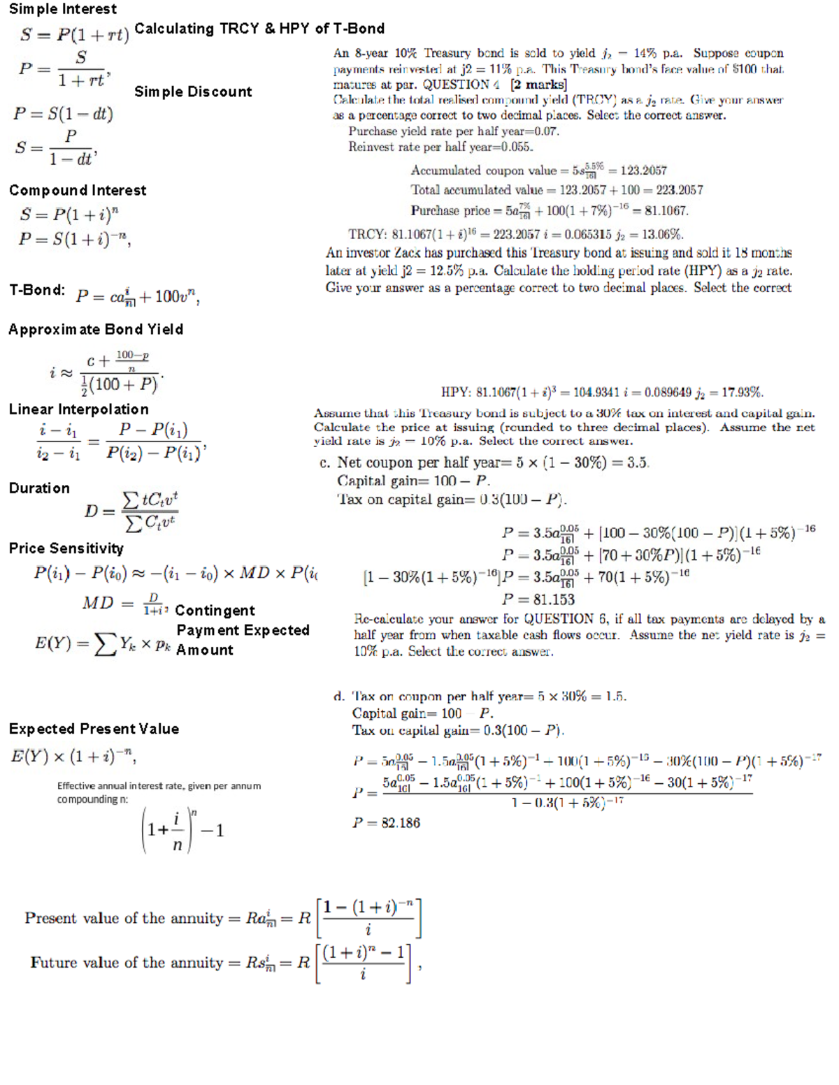 ACST2001 Cheat Sheet - ACST201 - Simple Interest Calculating TRCY & HPY of T-Bond Simple - Studocu