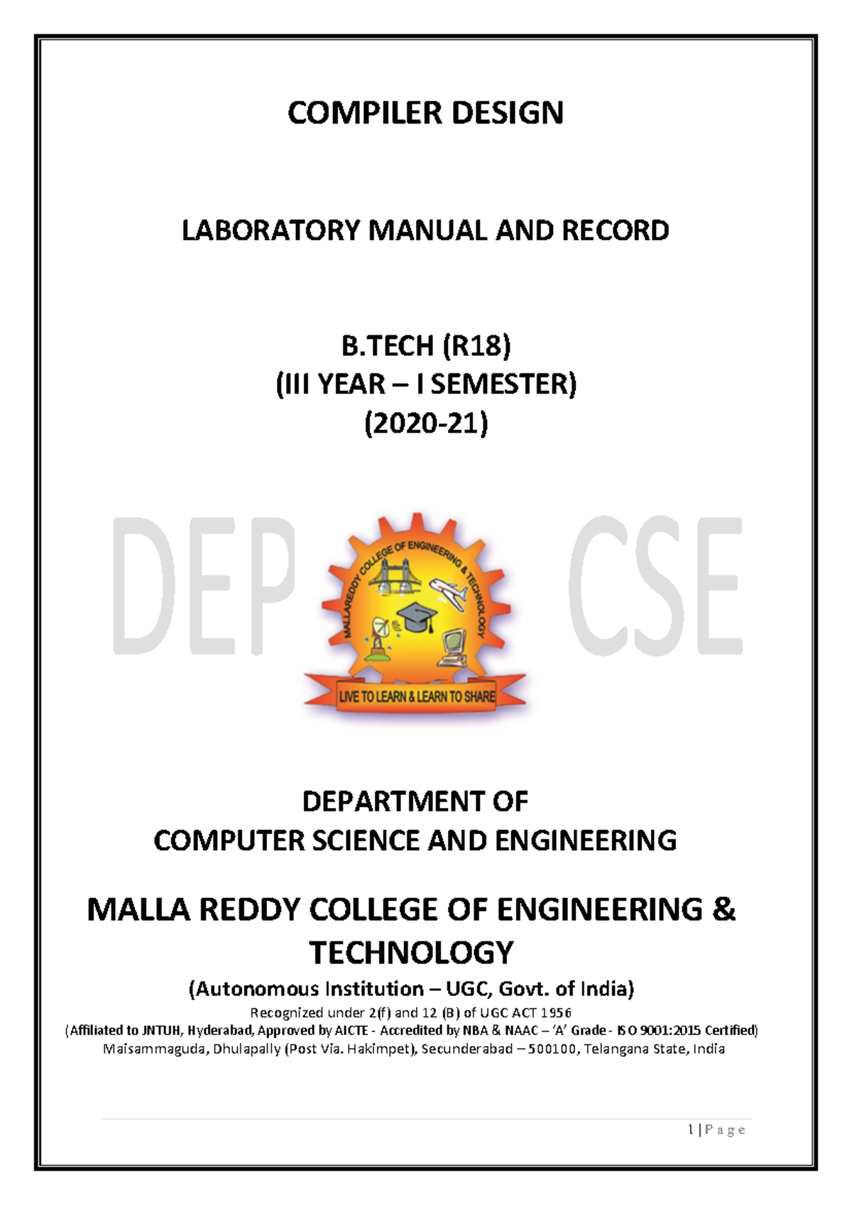 Compiler Design Lab Compiler Design Laboratory Manual And Record B R1 8 Iii Year I
