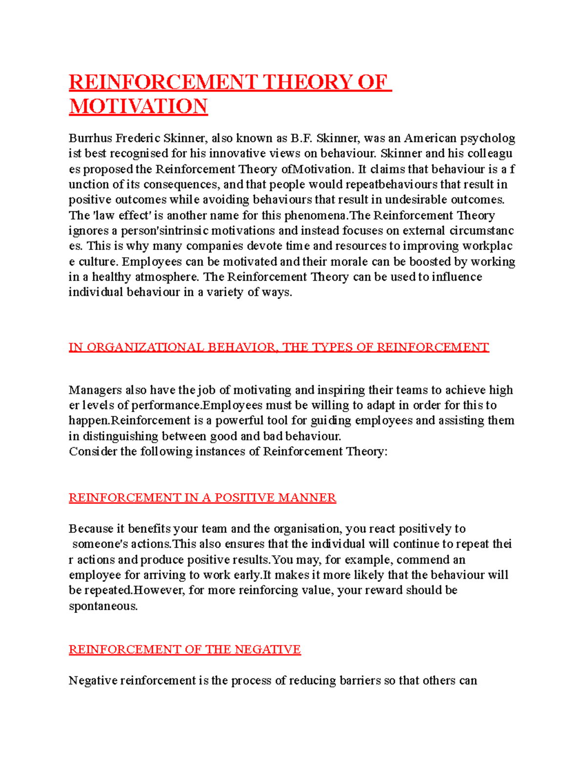 Reinforcement Theory OF Motivation - REINFORCEMENT THEORY OF MOTIVATION Burrhus Frederic Skinner ...