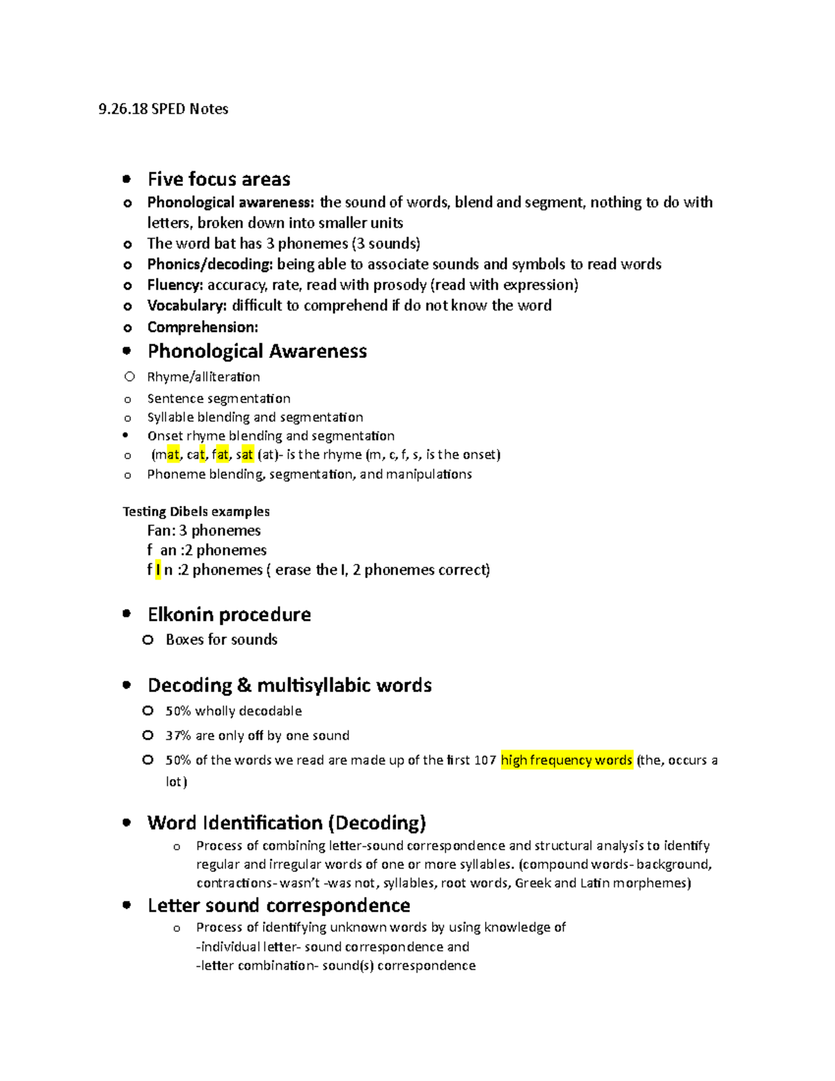 SPED Notes - 9.26 SPED Notes Five focus areas o Phonological awareness ...