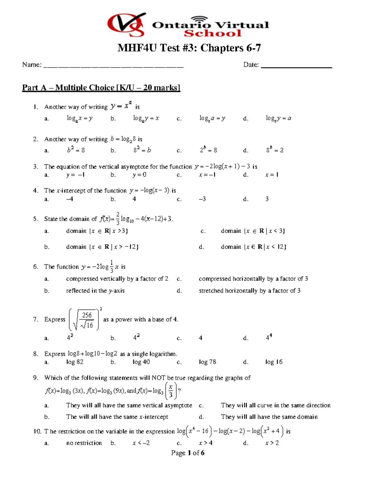 1609301416-Unit 3 Test B - MHF4U Test #3: Chapters 6- Name