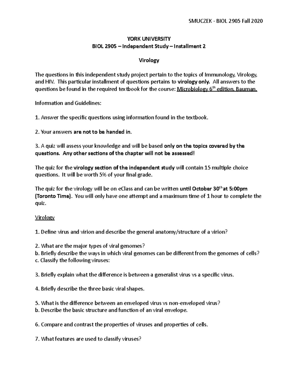BIOL 2905 - Independent Study - Virology Questions - SMUCZEK - BIOL ...