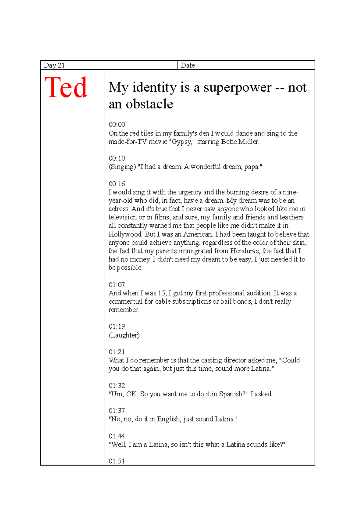 Day 21 - .................................. - Day 21 Date: Ted My ...