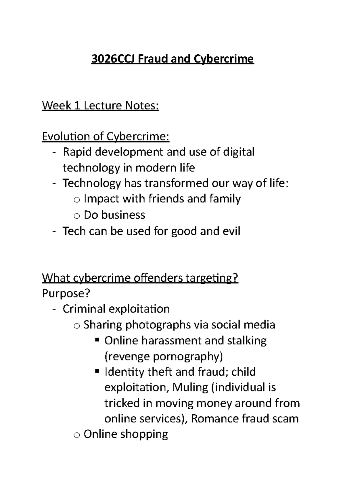 Cyber Crime Week 1 - Notes - 3026CCJ Fraud and Cybercrime Week 1 ...
