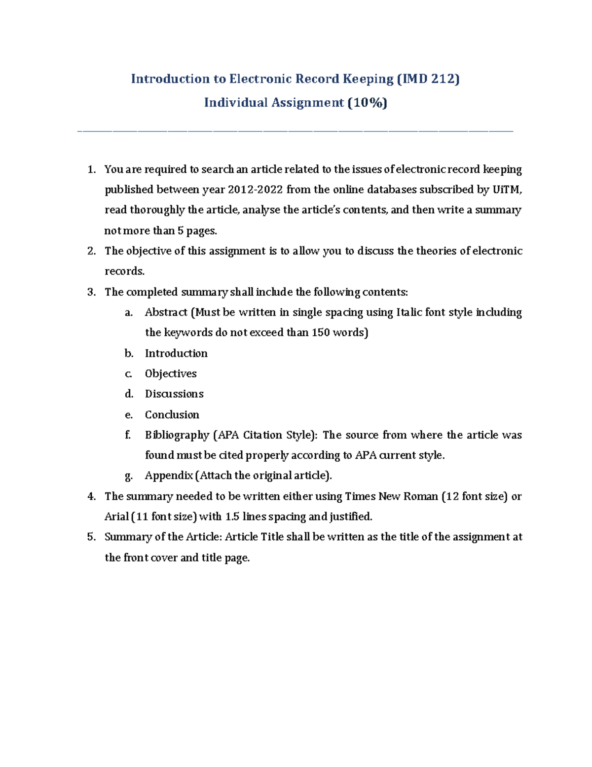 Assignment Guidelines - Introduction to Electronic Record Keeping (IMD ...