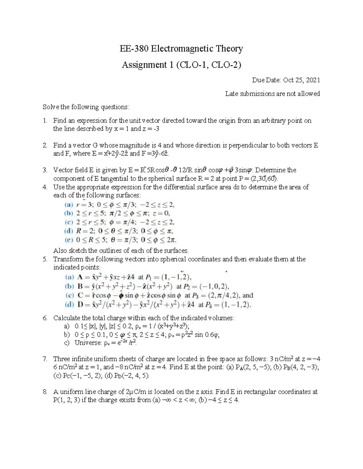 Assignment 1 EMT - Electromagnetic Theory - UET Lahore - Studocu