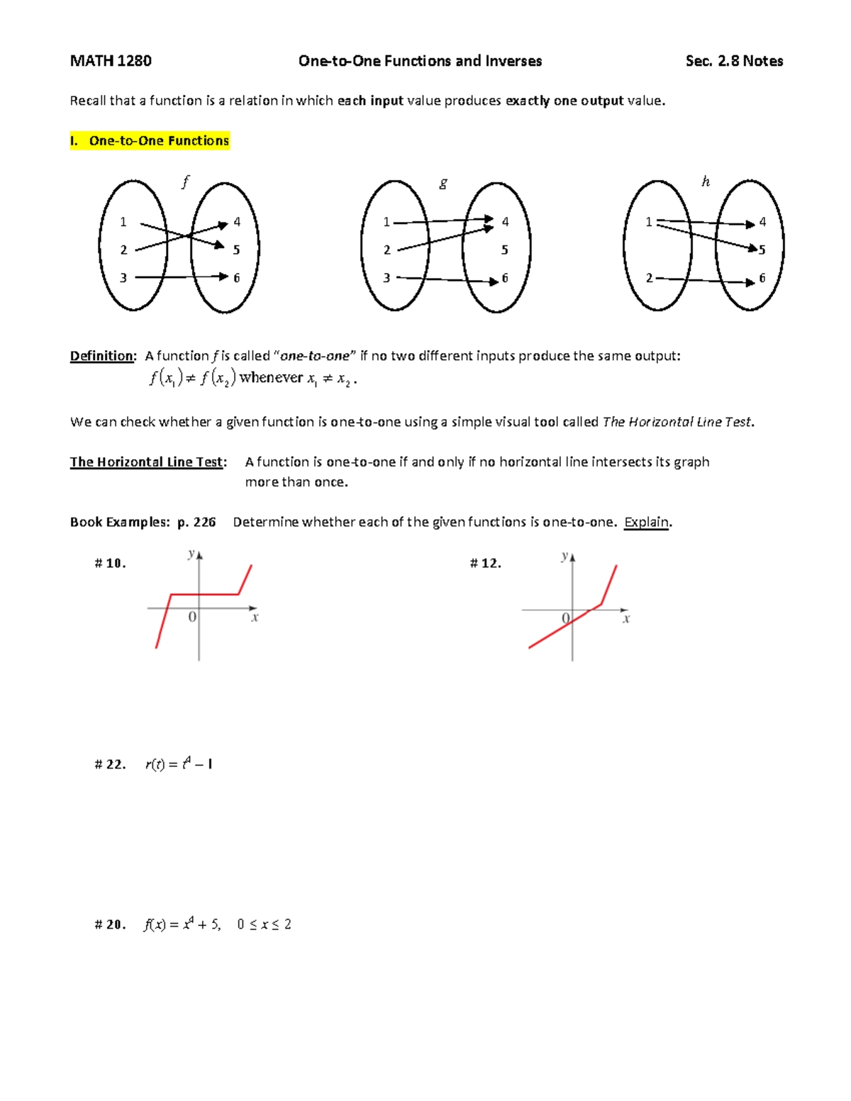 Notes - Sec. 2 - MATH 1280 One-to-One Functions and Inverses Sec. 2 ...