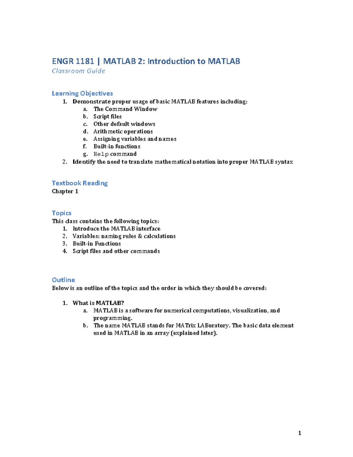 Matlab 2 Introduction To Matlab Engr 1181 Matlab 2 Introduction To Matlab Classroom Guide