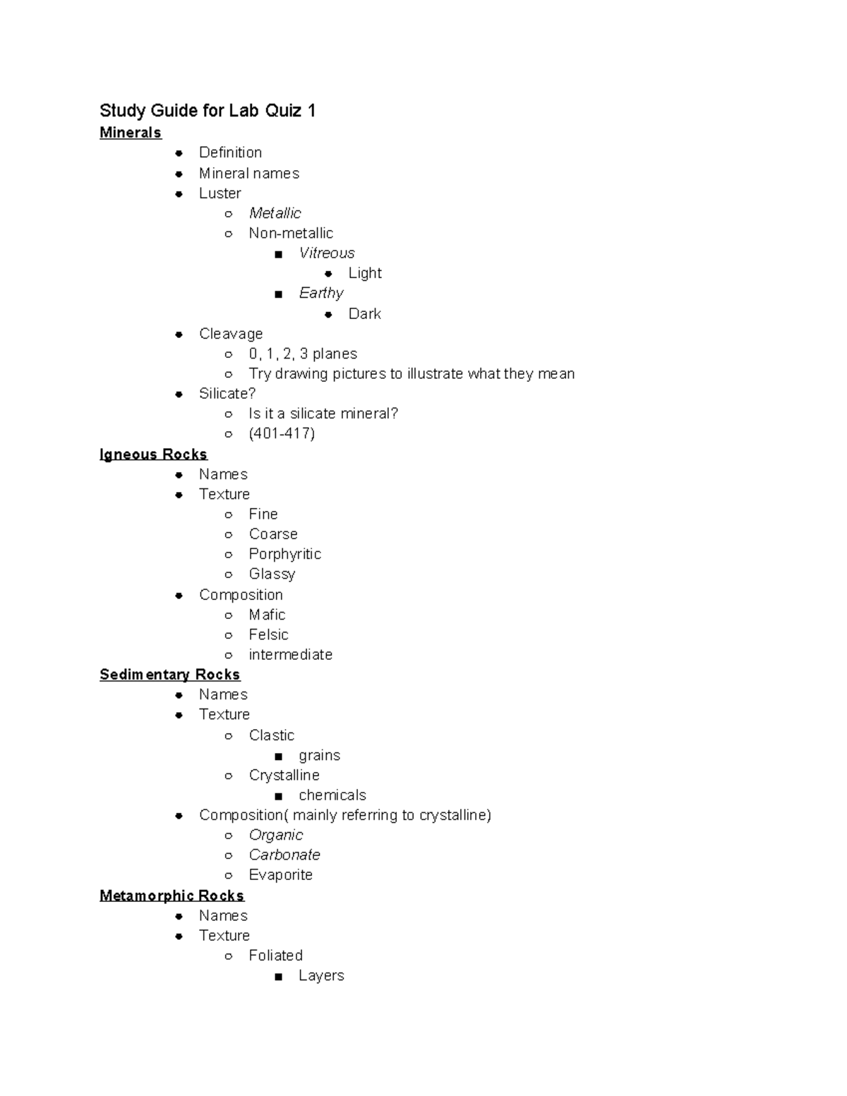 Study Guide Lab 113 - Study Guide for Lab Quiz 1 Minerals Definition ...