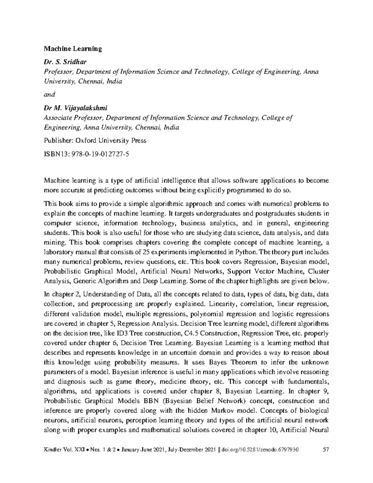 Book Review Machine Learning R2 - Kindler Vol. XXI • Nos. 1 & 2 ...