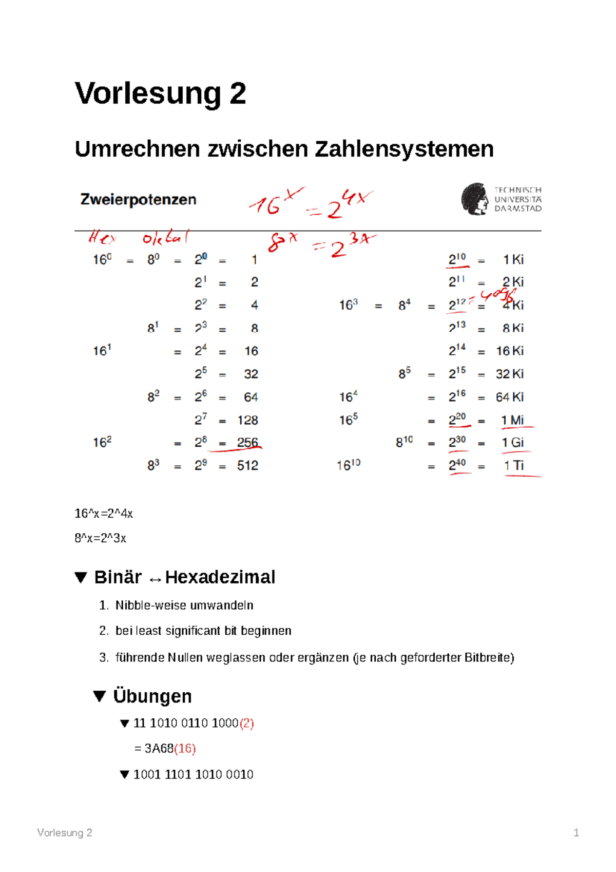 Vorlesung 2 - Vorlesung 2 Umrechnen zwischen Zahlensystemen 16^x=2^4x 8^x=2^3x Binär ↔ ...