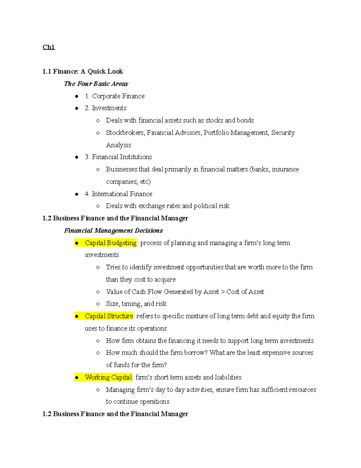 Business Finance Lecture Notes - Ch 1 Finance: A Quick Look The Four ...