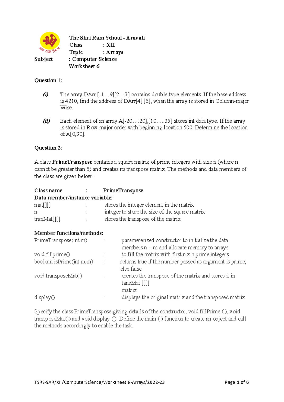 Array - 1152 - The Shri Ram School - Aravali Class : XII Topic : Arrays ...