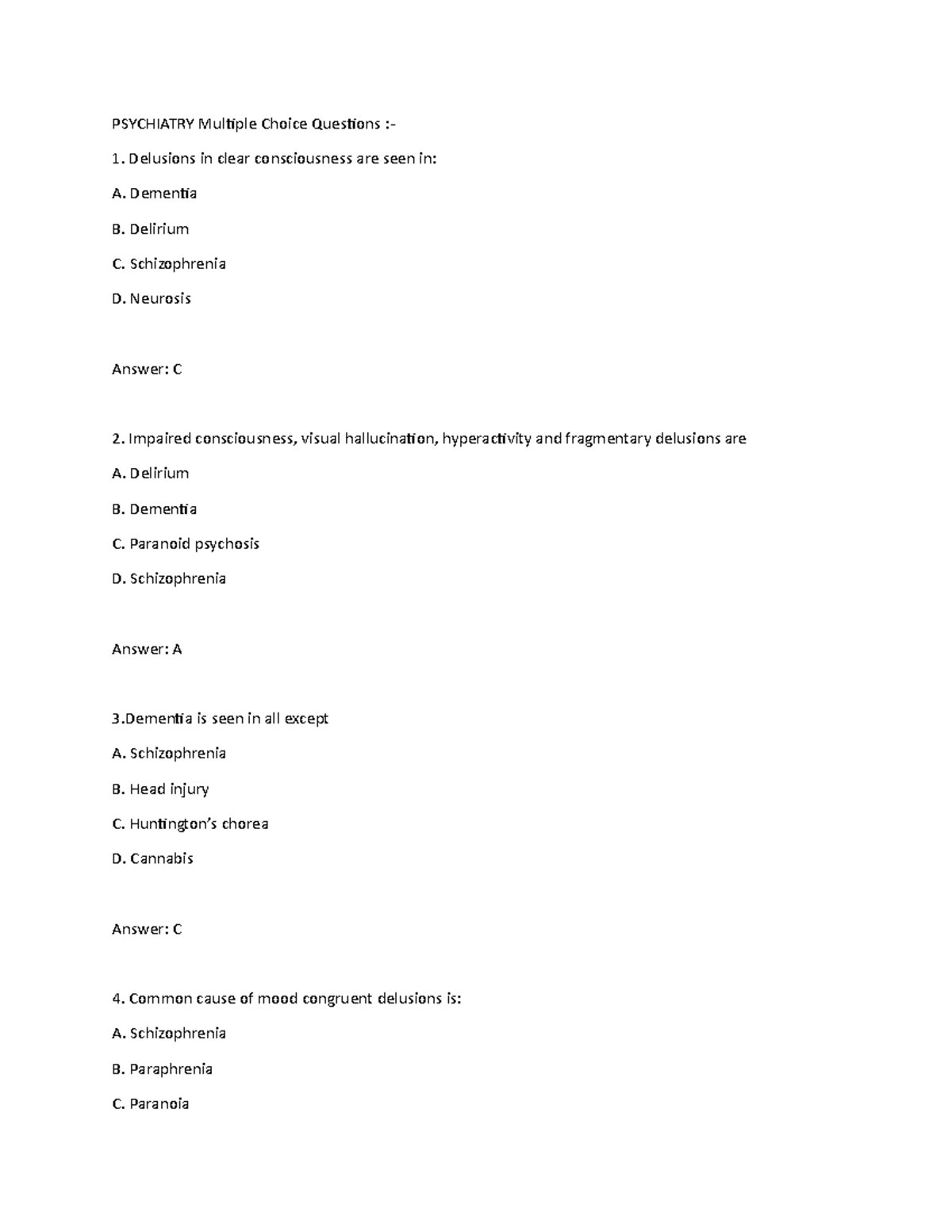 Psychiatric mcqs 20 - practice mcqs - PSYCHIATRY Multiple Choice ...