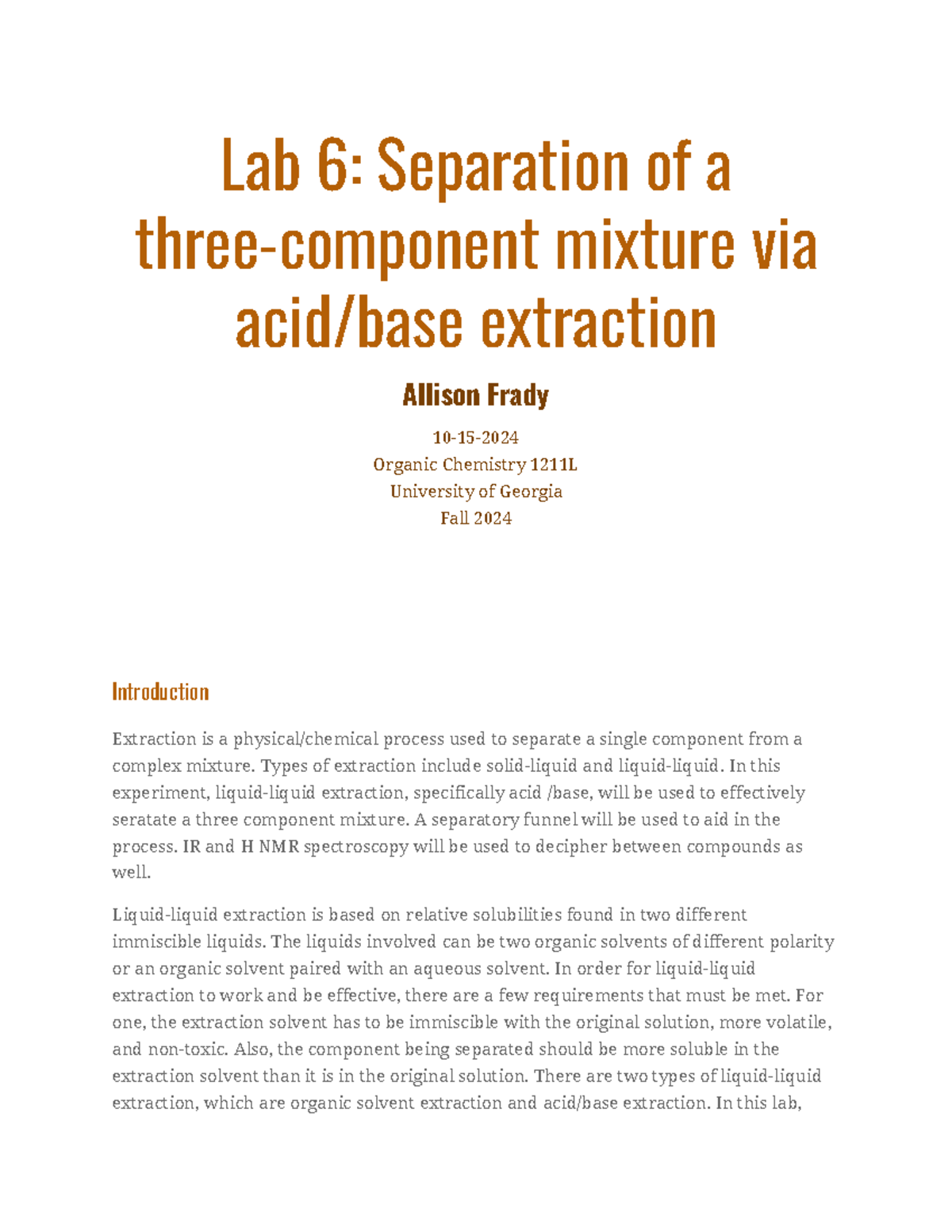 Lab 6 - Separation of a three-component mixture via acid/base extraction - Lab 6: Separation of ...