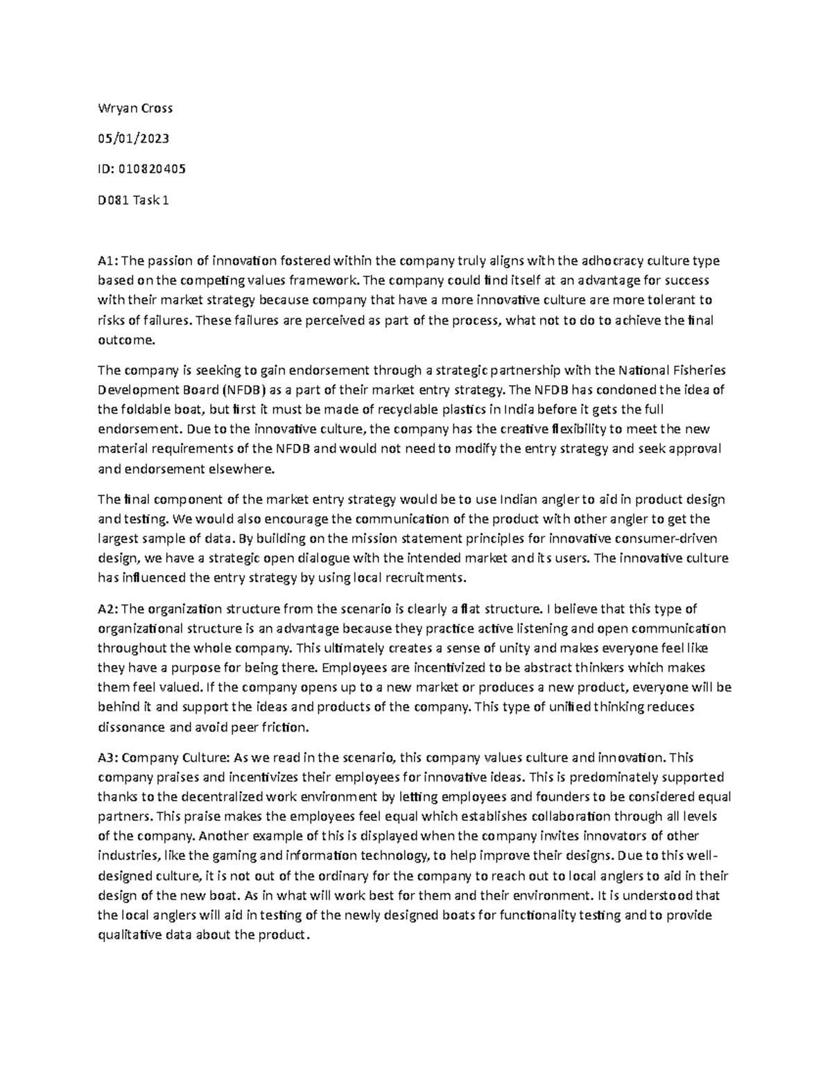 D081 Task 1 Passed - Wryan Cross 05/01/ ID: 010820405 D081 Task 1 A1 ...