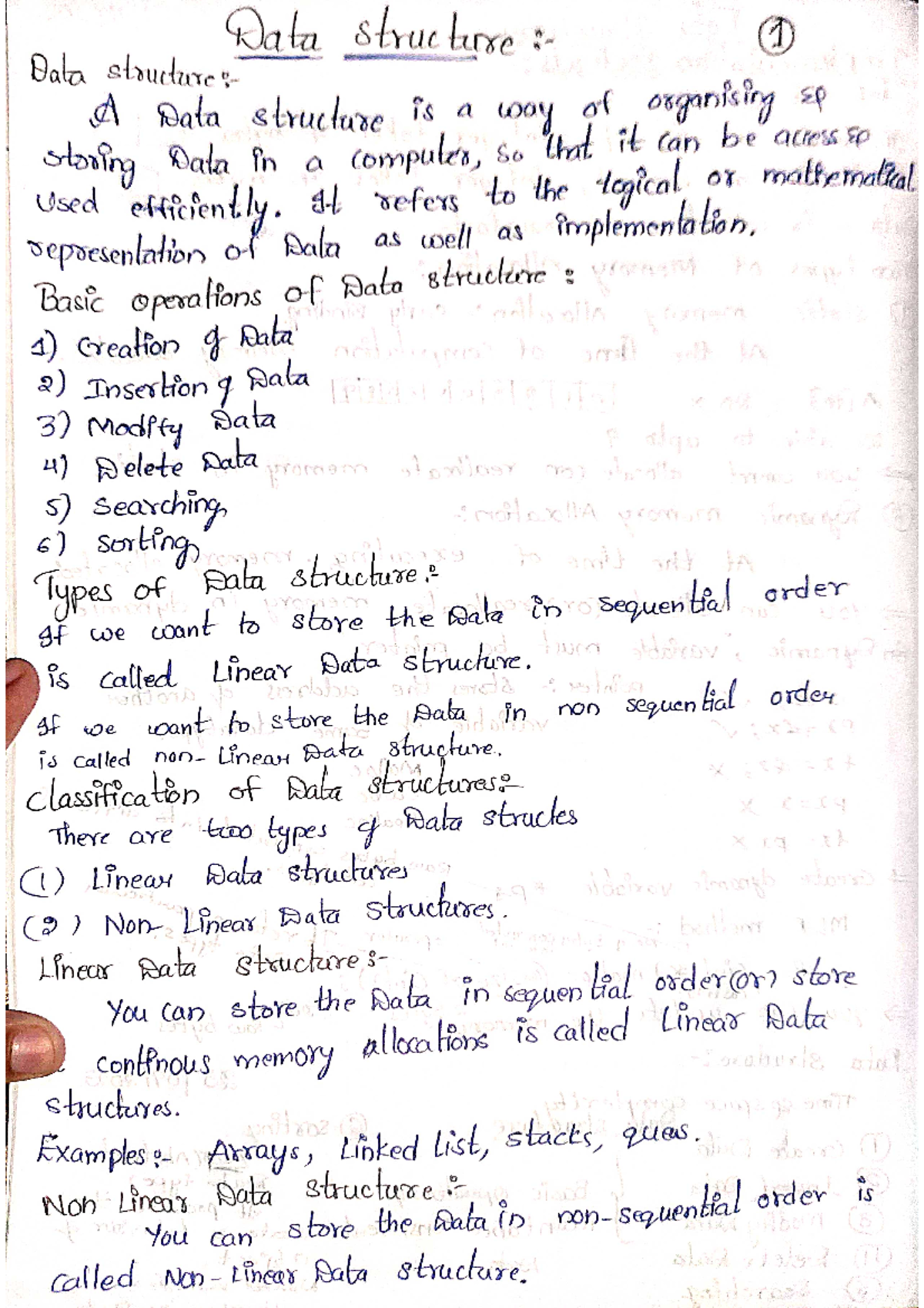 Data structures unit-1 - Data 1 Data : A Data structure is a way of organising EP storing Data ...