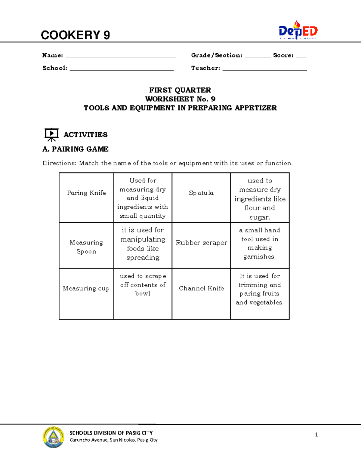 TLE Cookery 9-Q1-DW9 - BTLED - 1 COOKERY 9 SCHOOLS DIVISION OF PASIG ...