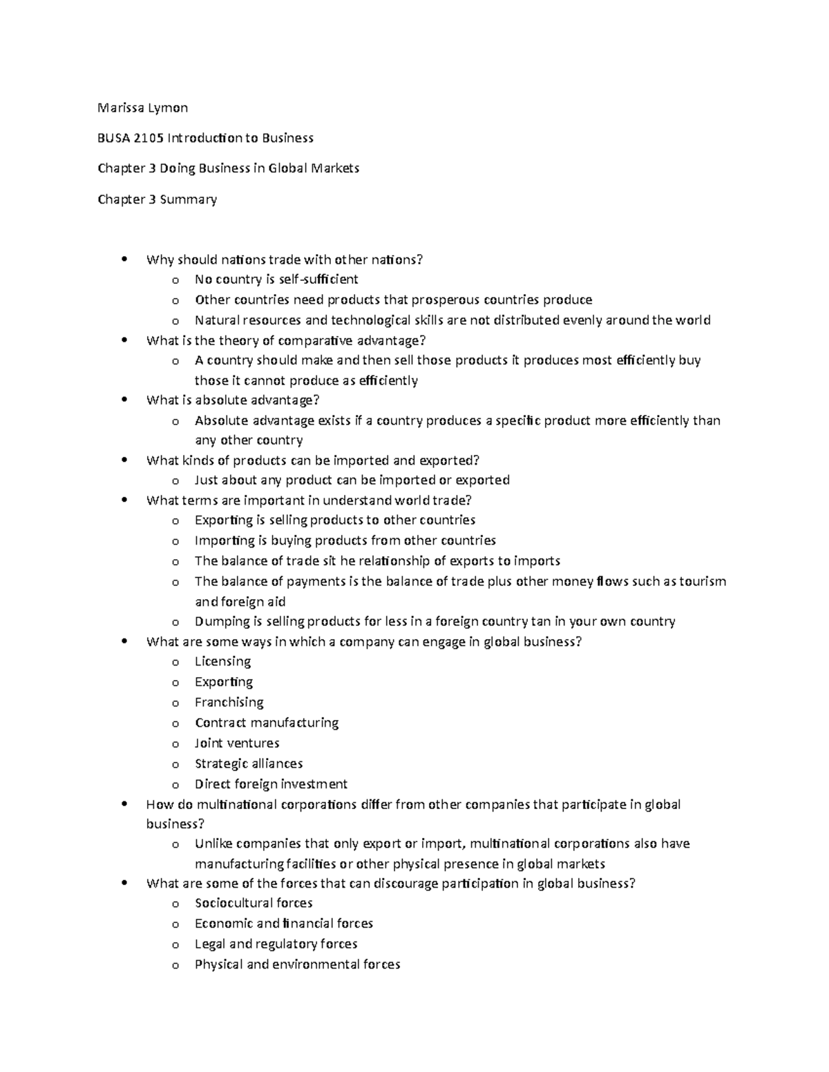Chapter 3 Summary - Marissa Lymon BUSA 2105 Introduction to Business ...