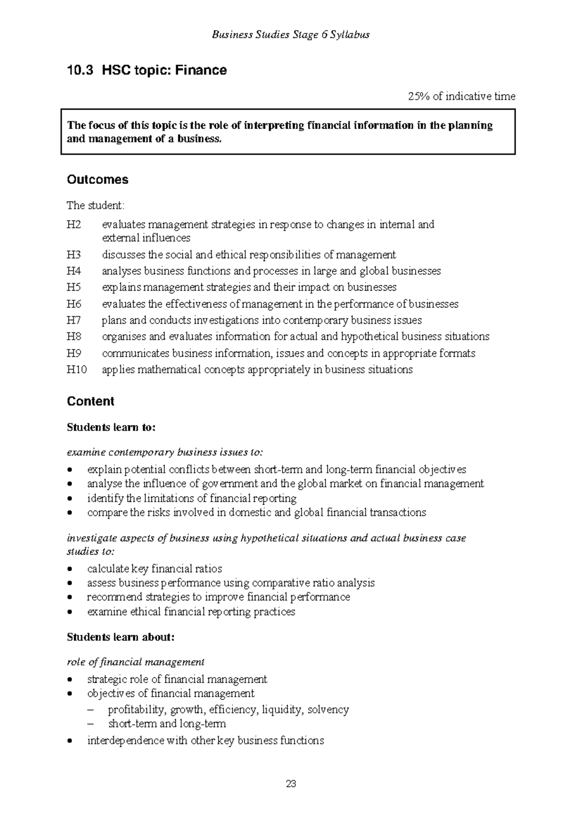 Finance Syllabus - notes - Business Studies Stage 6 Syllabus 23 10 HSC ...