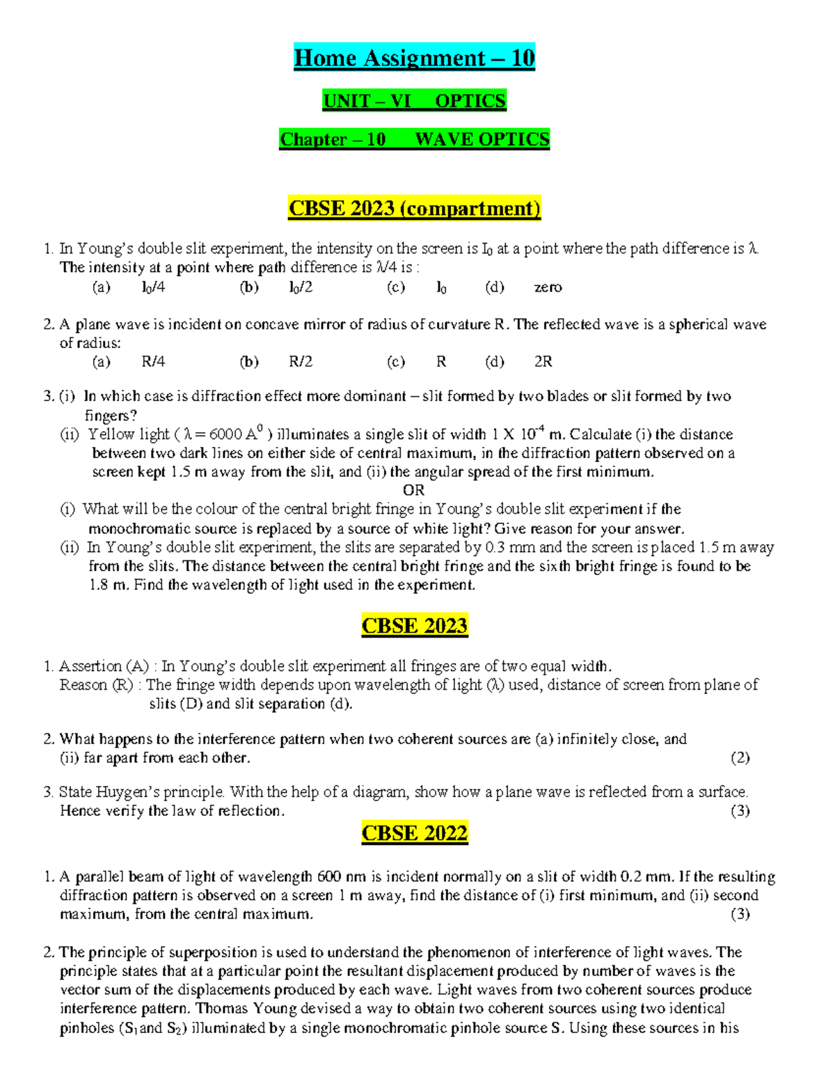Aissce Asgnmt CH-10,11,12,13 - Home Assignment – 10 UNIT – VI OPTICS ...