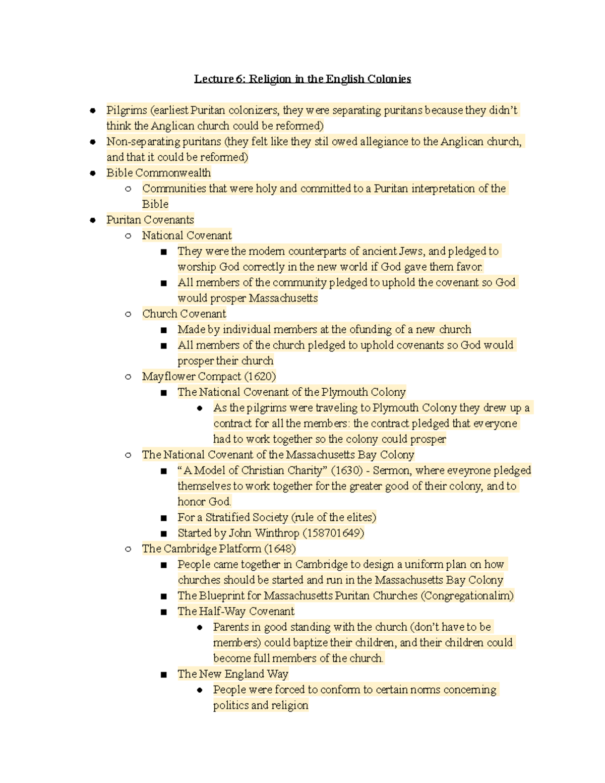 Lecture 6 Reading Notes - Lecture 6: Religion in the English Colonies ...