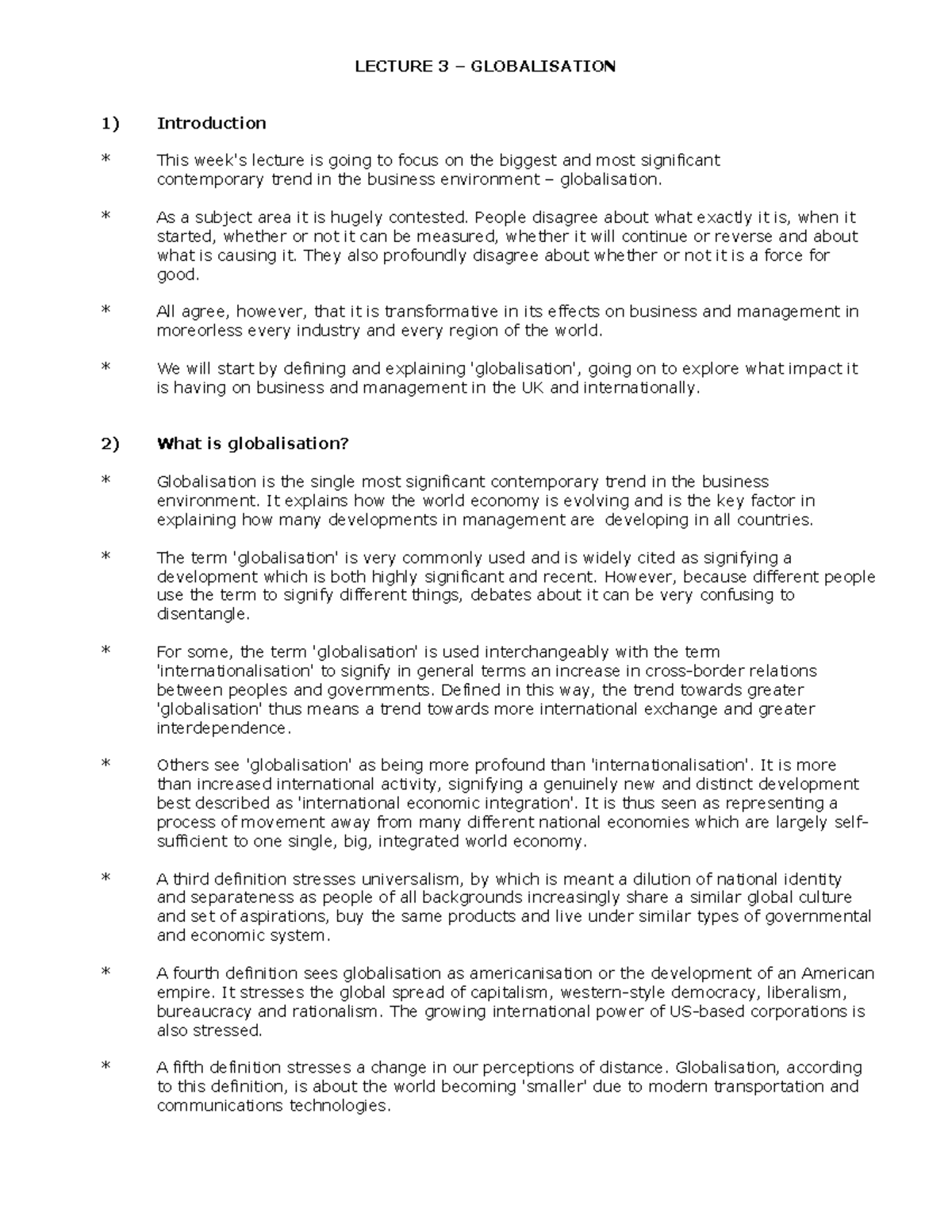 Lecture 3 - Globalisation - LECTURE 3 – GLOBALISATION Introduction This ...