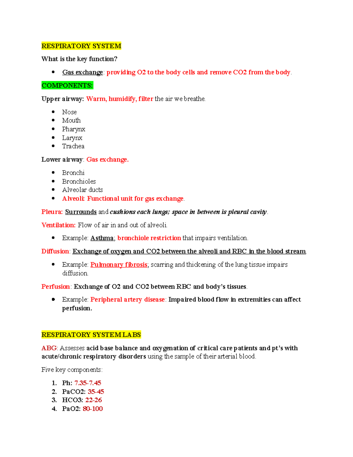 Respiratory System - Med surge cheat sheet - RESPIRATORY SYSTEM What is ...