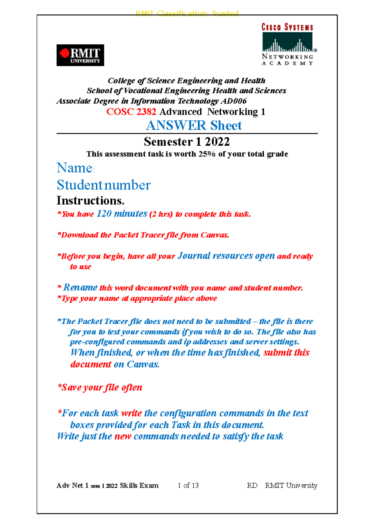 COSC 2382 Advanced Networking 1 test - College of Science Engineering ...