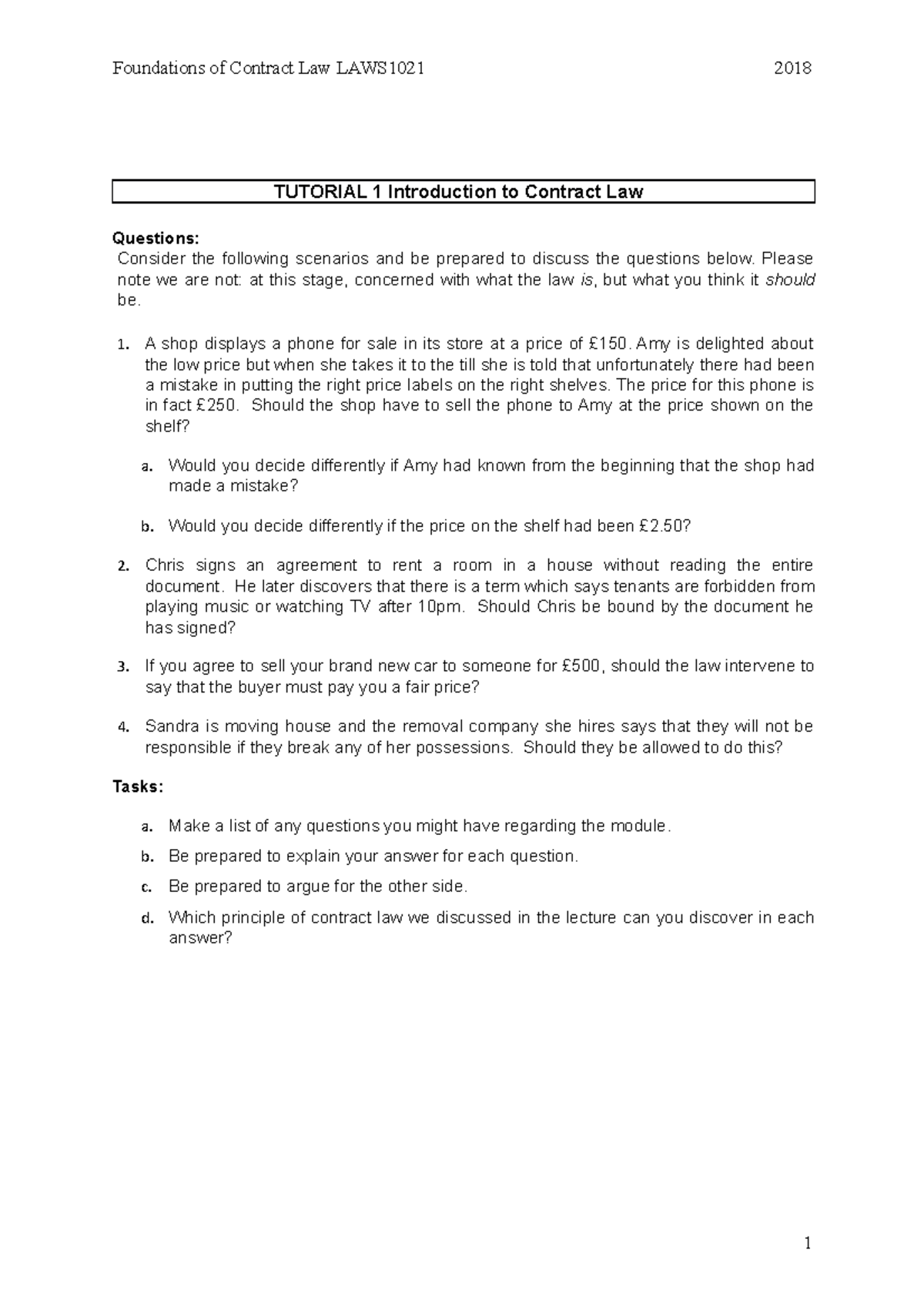 Tutorials - Summary of all tutorial work - TUTORIAL 1 Introduction to Contract Law Questions ...