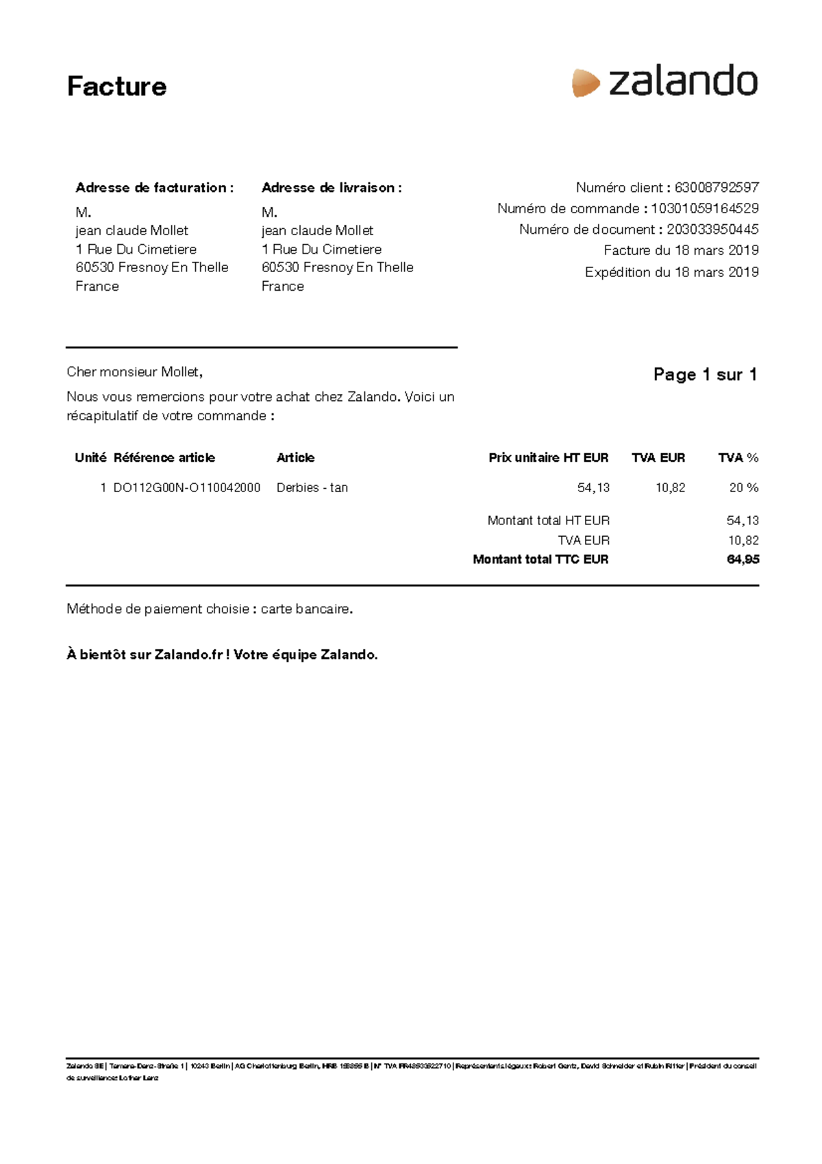 Zalando - une facture d'histoire - Facture Adresse de facturation ...