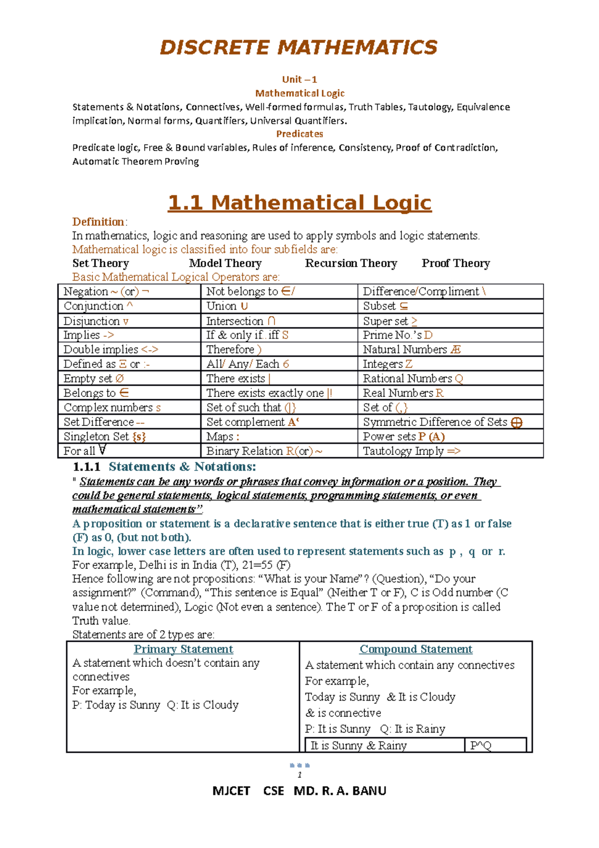 DM CH 1 - Unit – 1 Mathematical Logic Statements & Notations ...